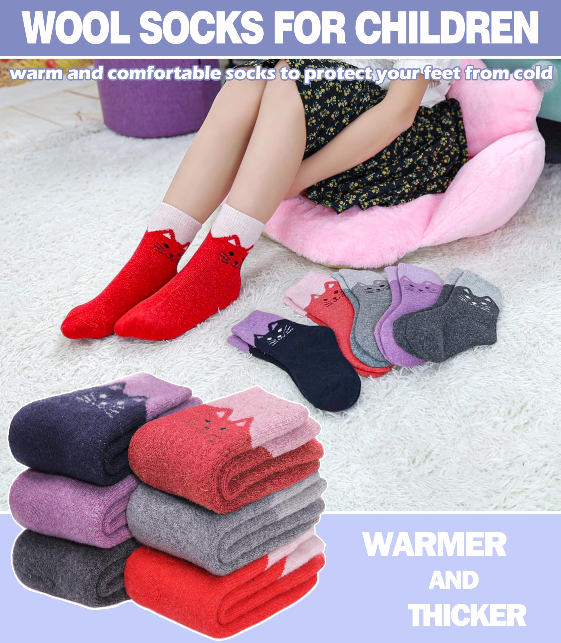 MQELONG Wool Socks for Kids Boys Girls Winter Warm Wool Hiking Thick Boot Cozy Crew Socks 6 Pairs (6 Pairs Cat, 4-7 Years)