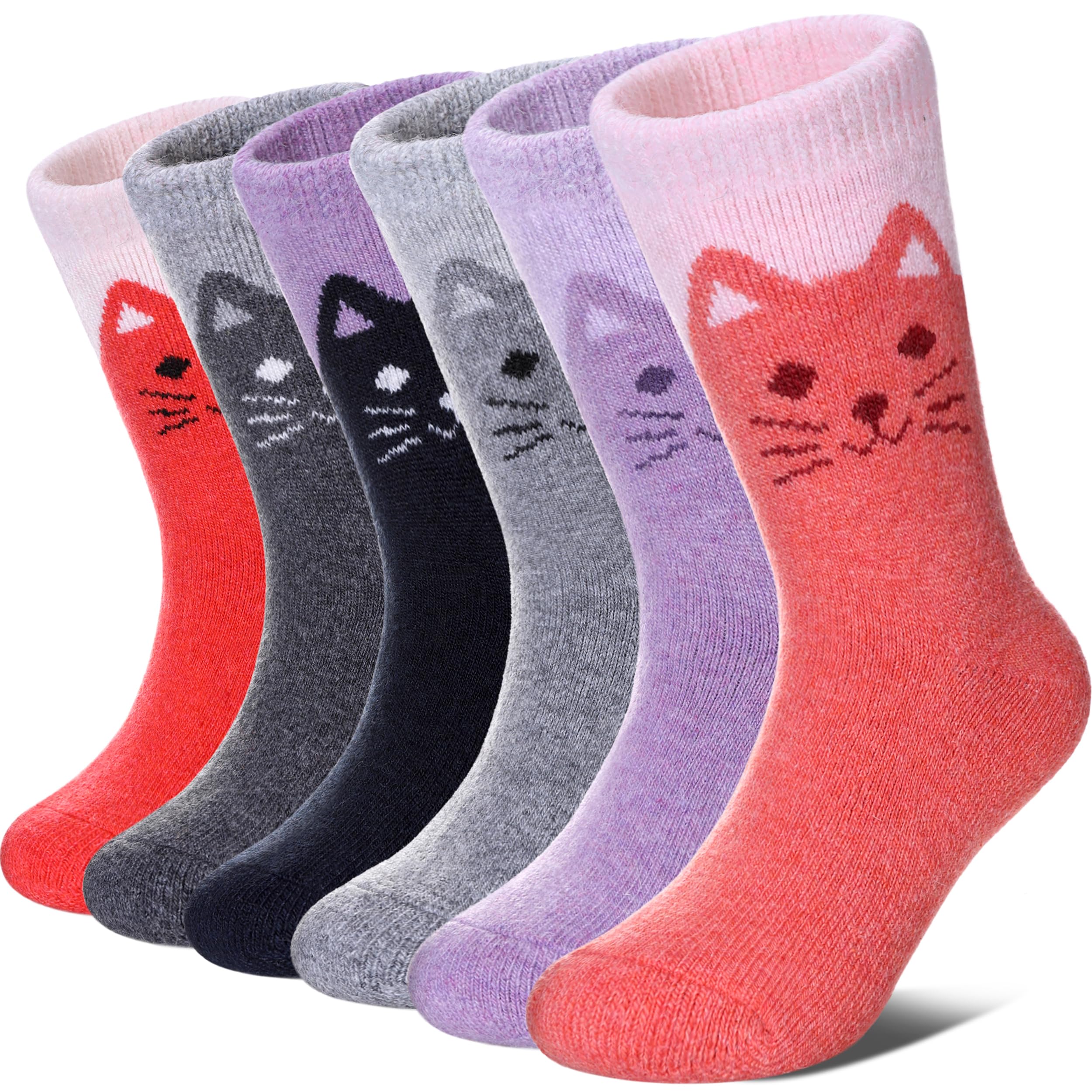 MQELONG Wool Socks for Kids Boys Girls Winter Warm Wool Hiking Thick Boot Cozy Crew Socks 6 Pairs (6 Pairs Cat, 4-7 Years)