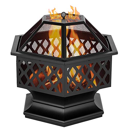 Douup 24-Inch Outdoor Fire Pit with Mesh Screen and Poker Hex Shaped Metal Wood Burning Bonfire Pit for Outdoor Camping Patio Backyard Garden - 8" Deep Bowl