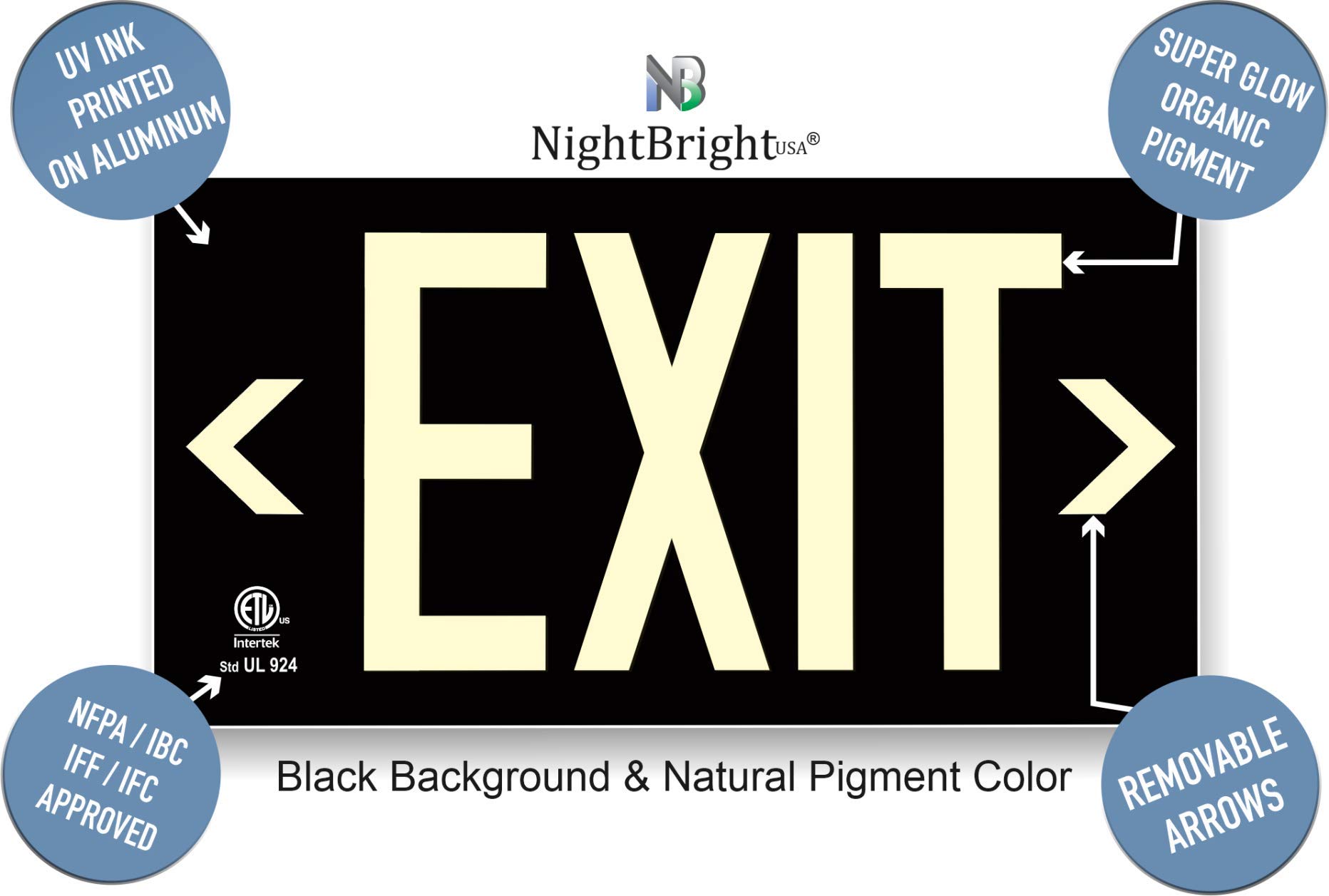 Photoluminescent Exit Sign Black W/Holes and Hardware - Aluminum Code Approved UL 924 / IBC/NFPA 101 (Directional Arrows Included) NightBright USA Part ULB-050-HH