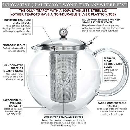 Teabloom All-in-One Glass Teapot and Tea Kettle β Heatproof Borosilicate Glass Tea Maker with Removable Stainless Steel Loose Tea Infuser β Classica Stovetop Tea Pot (40 oz)
