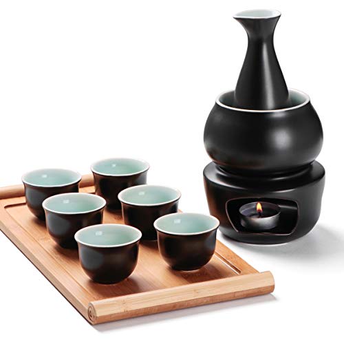 Dltsli Ceramic Sake Set with Warmer Pot Bamboo Tray, Stovetop Porcelain Pottery Hot Saki Drink Bottle, 10pcs Set 1 Stove 1 Warming Bowl 1 Sake Bottle 1 Tray 6 Cup Keep Sake Storage Gift Box (Black)