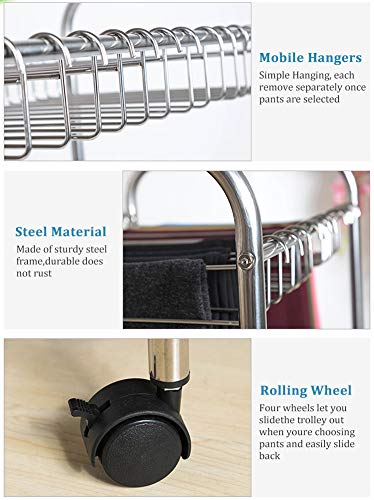 Trolley Stainless Steel Pants Hangers Rolling Trolley, Trouser Skirt Dress Jeans Closet Storage Organizer Rack, Anti Rust, Space Saving (Size : 24 Hangers)