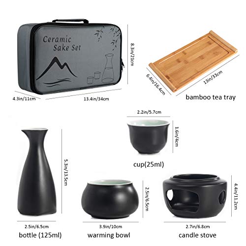 Dltsli Ceramic Sake Set with Warmer Pot Bamboo Tray, Stovetop Porcelain Pottery Hot Saki Drink Bottle, 10pcs Set 1 Stove 1 Warming Bowl 1 Sake Bottle 1 Tray 6 Cup Keep Sake Storage Gift Box (Black)