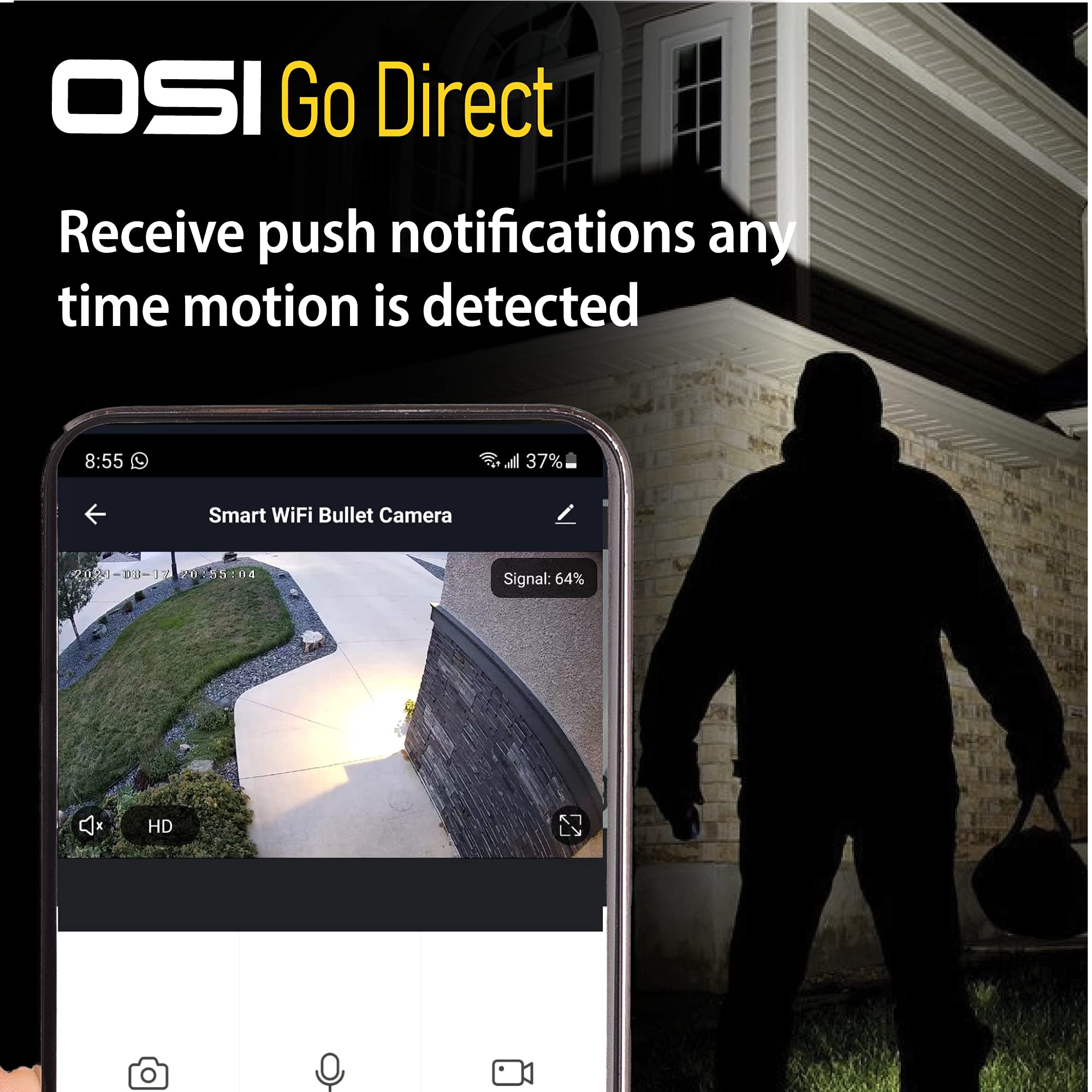 OSI Smart Security Bullet Camera Outdoor 1080P HD,WiFi Cameras, Home Security Cameras, AI Human Detection, Two-Way Audio, Night Vision,Compatible with Alexa, Google,32GB SD Card Included/Cloud StoragE