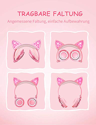 LOBKIN Foldable Wired Over Ear Kids Headphone with Glowing Light for Girls Children Cosplay Fans,Cat Ear Headphones (Peach)
