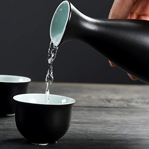 Dltsli Ceramic Sake Set with Warmer Pot Bamboo Tray, Stovetop Porcelain Pottery Hot Saki Drink Bottle, 10pcs Set 1 Stove 1 Warming Bowl 1 Sake Bottle 1 Tray 6 Cup Keep Sake Storage Gift Box (Black)