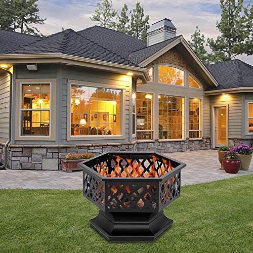 Douup 24-Inch Outdoor Fire Pit with Mesh Screen and Poker Hex Shaped Metal Wood Burning Bonfire Pit for Outdoor Camping Patio Backyard Garden - 8" Deep Bowl