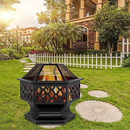 Douup 24-Inch Outdoor Fire Pit with Mesh Screen and Poker Hex Shaped Metal Wood Burning Bonfire Pit for Outdoor Camping Patio Backyard Garden - 8" Deep Bowl
