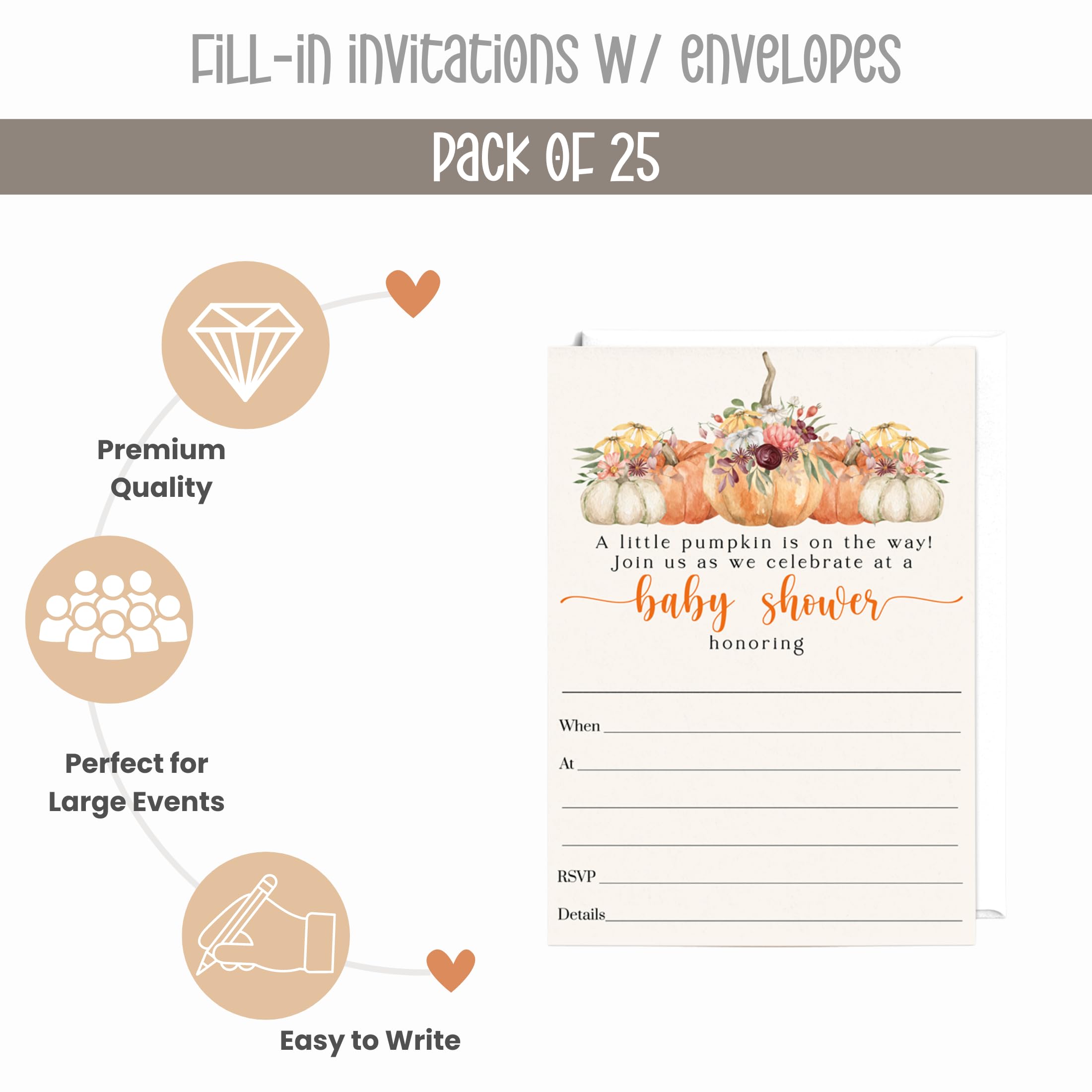 Paper Clever Party Our Little Pumpkin Invitations with Envelopes - 25 Pack - Pumpkin Baby Shower - 5x7 Blank Cards for Personalization
