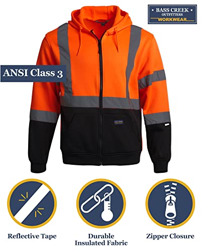 Bass Creek Outfitters Men's Fleece Zip Up Hoodie Sweatshirt - ANSI/ISEA Class 3 High Visibility Safety Workwear (M-2XL), Size X-Large, High Vis Orange
