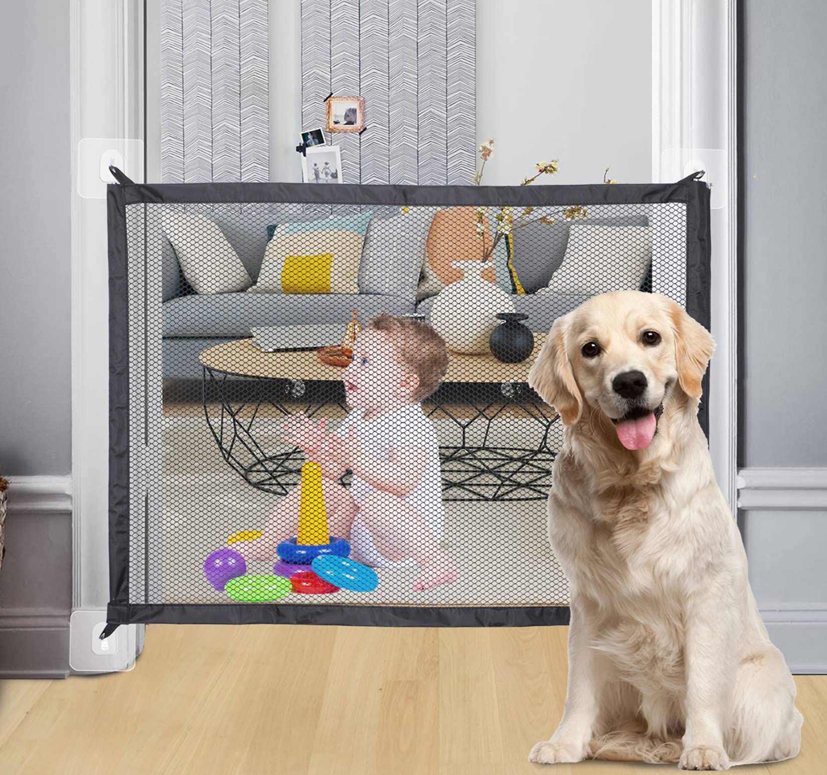 Dellfolen Mesh Dog Gate Magic Pet Gates for The House Wide Gate for Stairs Indoor Outdoor Portable Folding Safety Gate 41 inch X 31.5 inch [New Upgraded], Black