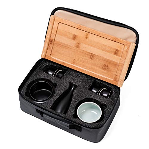 Dltsli Ceramic Sake Set with Warmer Pot Bamboo Tray, Stovetop Porcelain Pottery Hot Saki Drink Bottle, 10pcs Set 1 Stove 1 Warming Bowl 1 Sake Bottle 1 Tray 6 Cup Keep Sake Storage Gift Box (Black)
