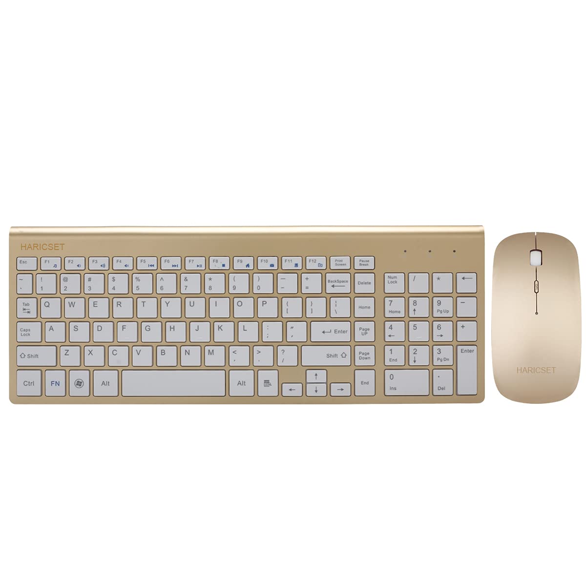 Wireless Keyboard and Mouse Combo, Haricset Full-Sized Ultra-Compact 2.4G Stable Connection Keyboard with Number Keypad and Adjustable DPI Mouse for Windows, Mac OS Office Computer (Gold)