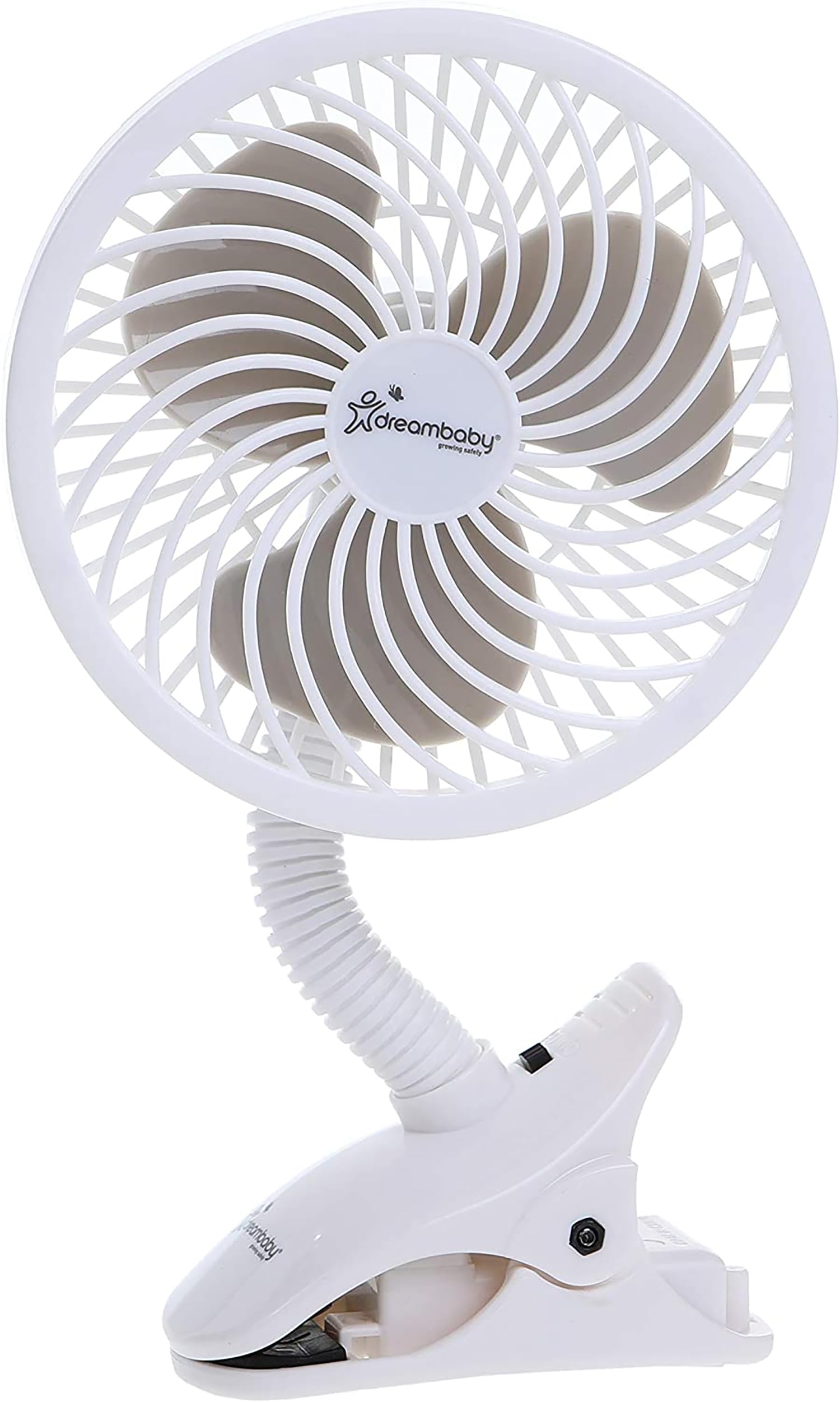 Dreambaby Caged Deluxe EZY-Fit Clip-on Fan - with Flexible Neck for Adjustable Air Flow - Perfect for Strollers, Cribs, Wheelchairs, Beach, Camping & Pool - White - 1 Pack
