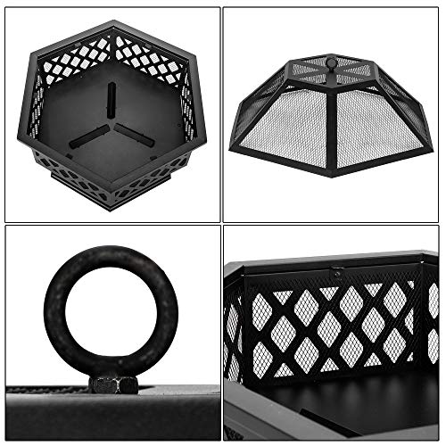 Douup 24-Inch Outdoor Fire Pit with Mesh Screen and Poker Hex Shaped Metal Wood Burning Bonfire Pit for Outdoor Camping Patio Backyard Garden - 8" Deep Bowl