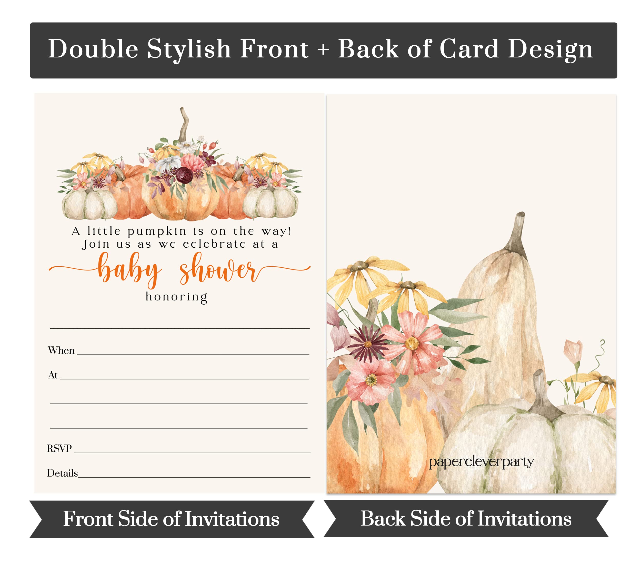 Paper Clever Party Our Little Pumpkin Invitations with Envelopes - 25 Pack - Pumpkin Baby Shower - 5x7 Blank Cards for Personalization