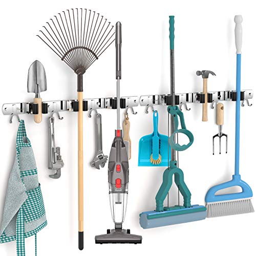 Poboola Mop Broom Holder, Stainless Steel Wall Mounted Garage Storage Organizer, Heavy Duty Tools Hanger with 3 Racks 8 Hooks for Home Kitchen Bathroom Closet Office Garden, 2 Pack (Silver)