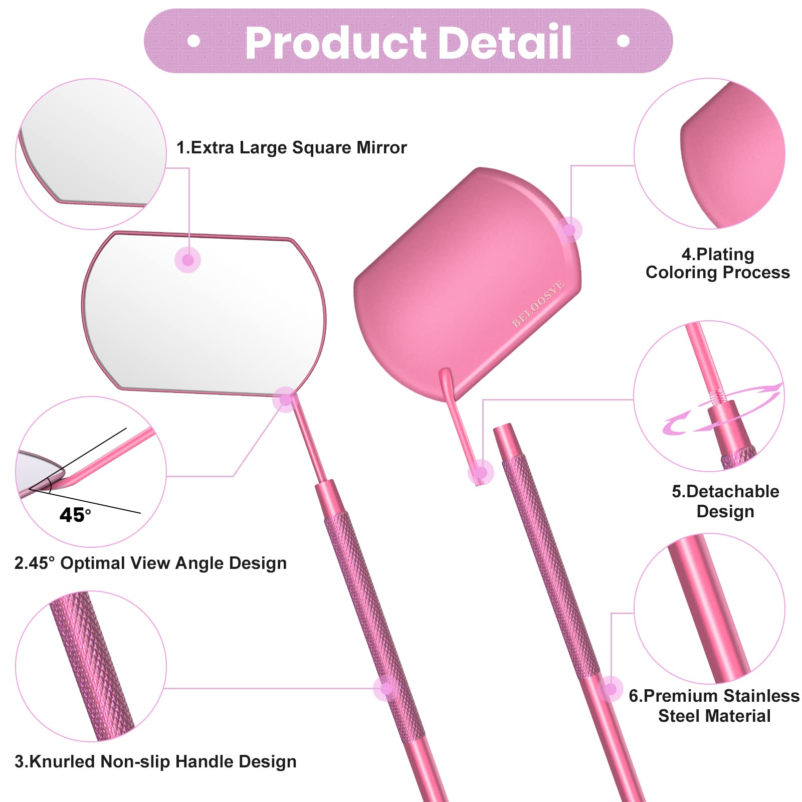 1 PCS Large Lash Mirror for Eyelash Extension Supplies+1 PCS Storage Bag,Stainless Steel Light-weight Detachable Eyelash Mirror for Extensions,Makeup Inspection Mirror for Lash Tech Supplies(Pink)