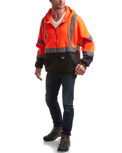 Bass Creek Outfitters Men's Fleece Zip Up Hoodie Sweatshirt - ANSI/ISEA Class 3 High Visibility Safety Workwear (M-2XL), Size X-Large, High Vis Orange