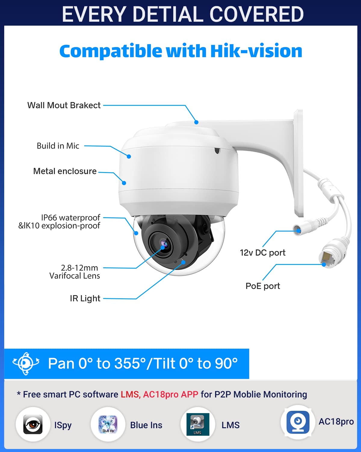 VIKYLIN 8MP Outdoor PTZ PoE IP Camera with Audio,4K Security Speed Dome Pan Tilt 4X Optical Zoom/2.8~12mm Lens,Human/Vehicle Detection,132ft IR Night Vision,IP66 (2804PTZ)