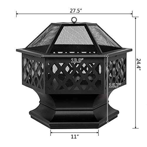 Douup 24-Inch Outdoor Fire Pit with Mesh Screen and Poker Hex Shaped Metal Wood Burning Bonfire Pit for Outdoor Camping Patio Backyard Garden - 8" Deep Bowl