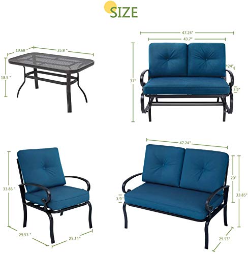 Patiomore 5 Pcs (6 Seats) Outdoor Patio Furniture Conversation Sets, Glider, Loveseat and Coffee Table, 2 Lounge Chairs with Cushions (Peacock Blue)