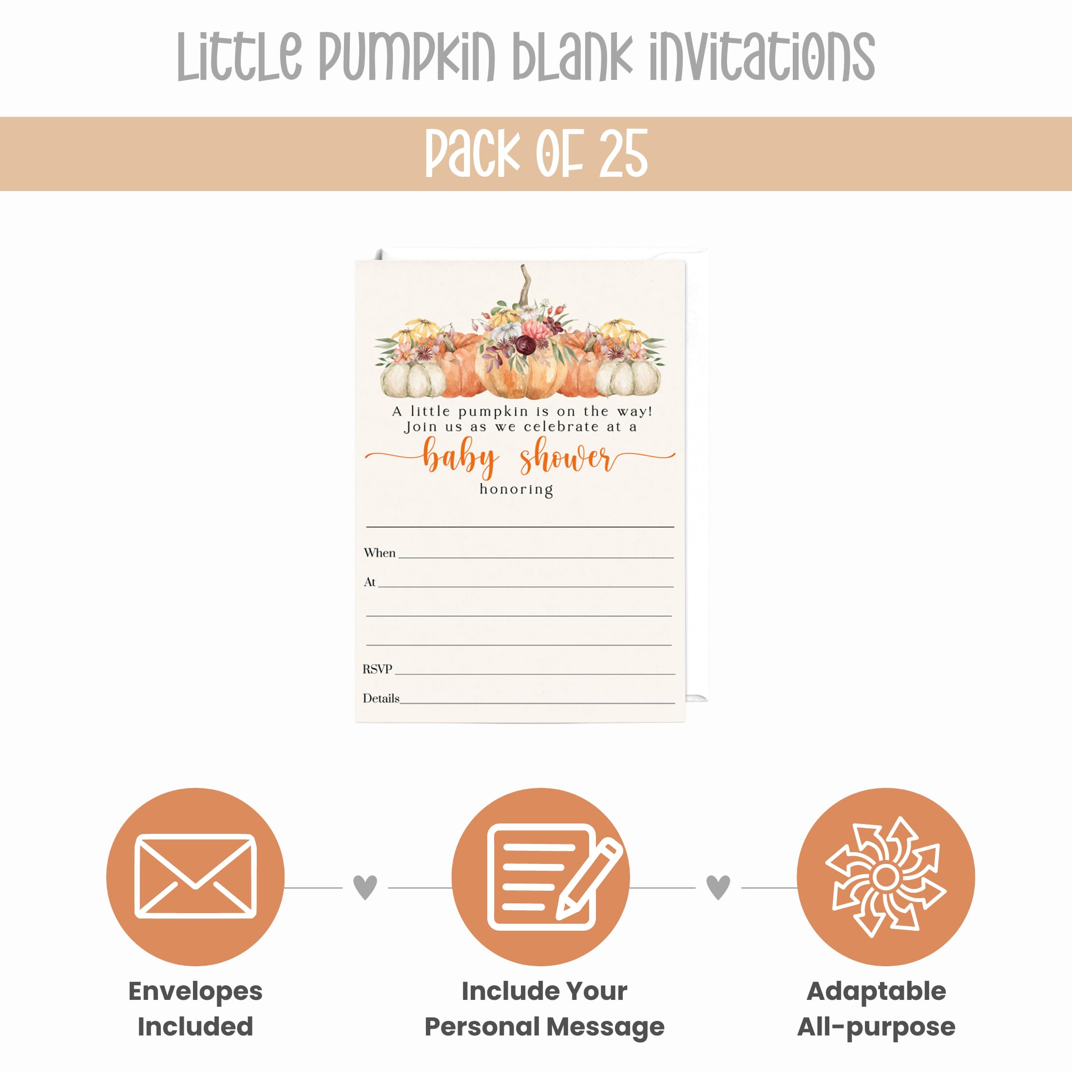 Paper Clever Party Our Little Pumpkin Invitations with Envelopes - 25 Pack - Pumpkin Baby Shower - 5x7 Blank Cards for Personalization