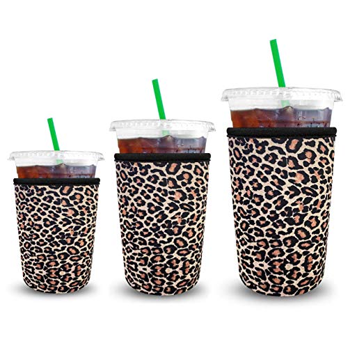 XccMe Iced Coffee Sleeves,Reusable Cold Cup SleeveS,3Pack Neoprene Insulator Cup Cover for Cold Drinks,Beverages Holder,Ideal for Dunkin Donuts, Starbucks Coffee(Leopard)