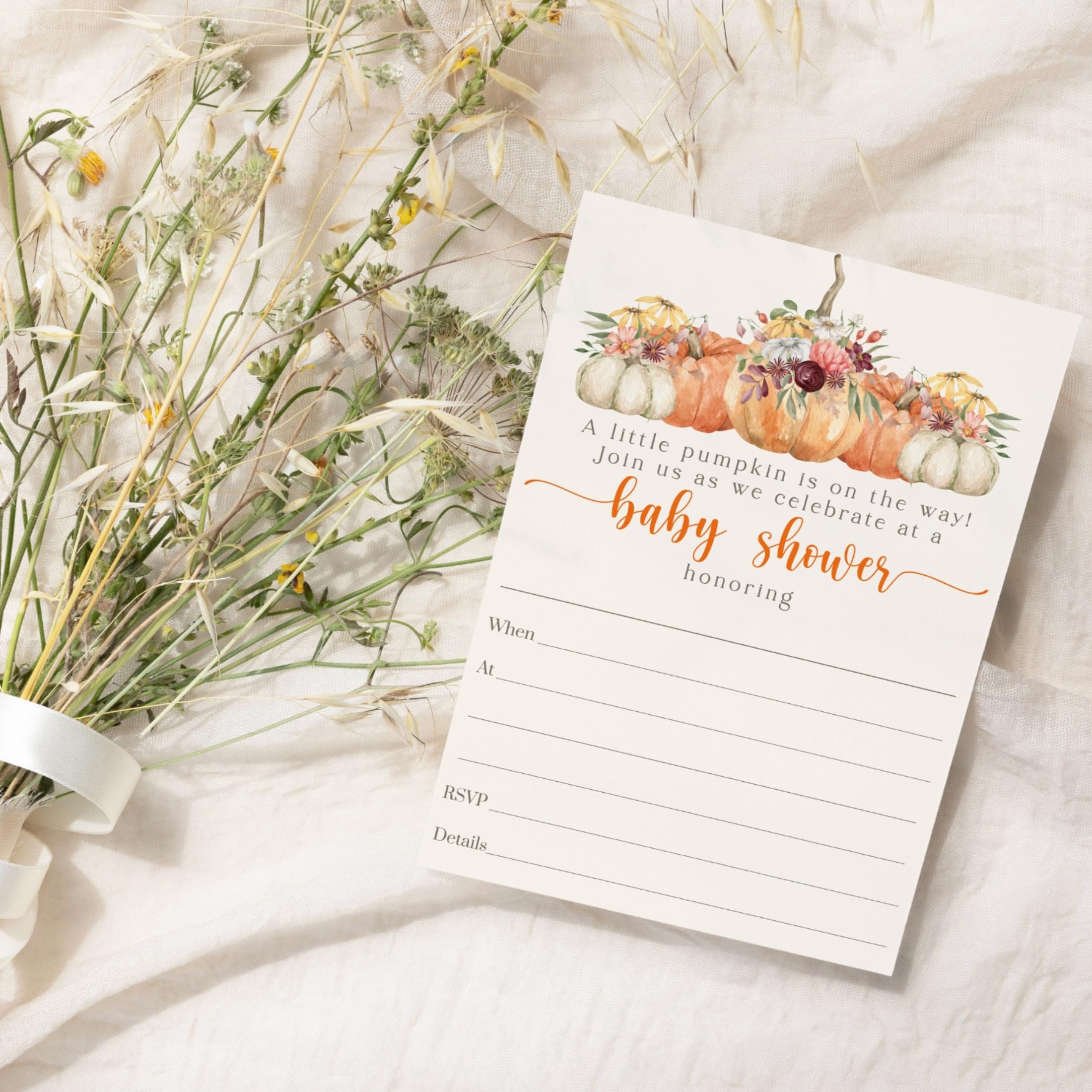 Paper Clever Party Our Little Pumpkin Invitations with Envelopes - 25 Pack - Pumpkin Baby Shower - 5x7 Blank Cards for Personalization