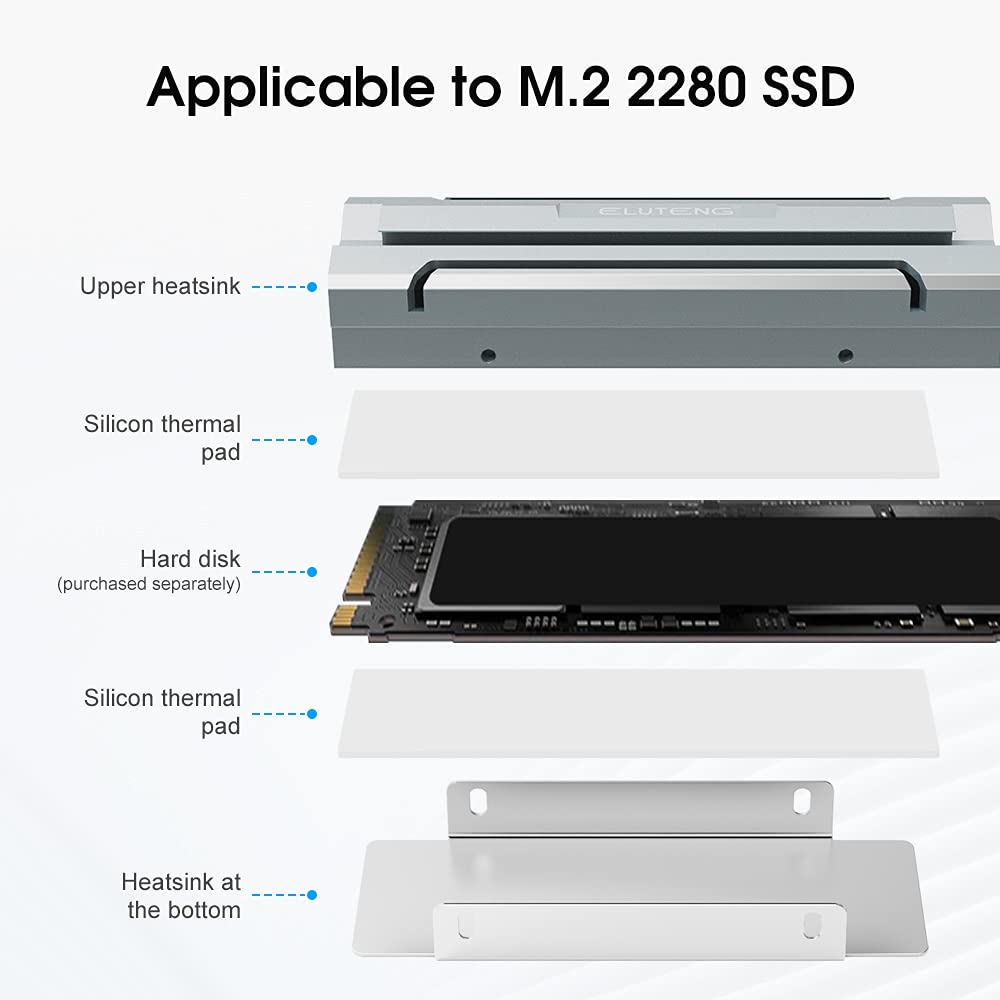 ELUTENG M.2 2280 SSD Heatsink Double-Sided Heat Sink Aluminum Alloy NGFF NVME Cooling Sink with 4 Thermal Conductivity Silicone Pads M.2 SSD Cooler Set for 2280 M.2 SSD