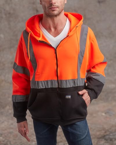 Bass Creek Outfitters Men's Fleece Zip Up Hoodie Sweatshirt - ANSI/ISEA Class 3 High Visibility Safety Workwear (M-2XL), Size X-Large, High Vis Orange