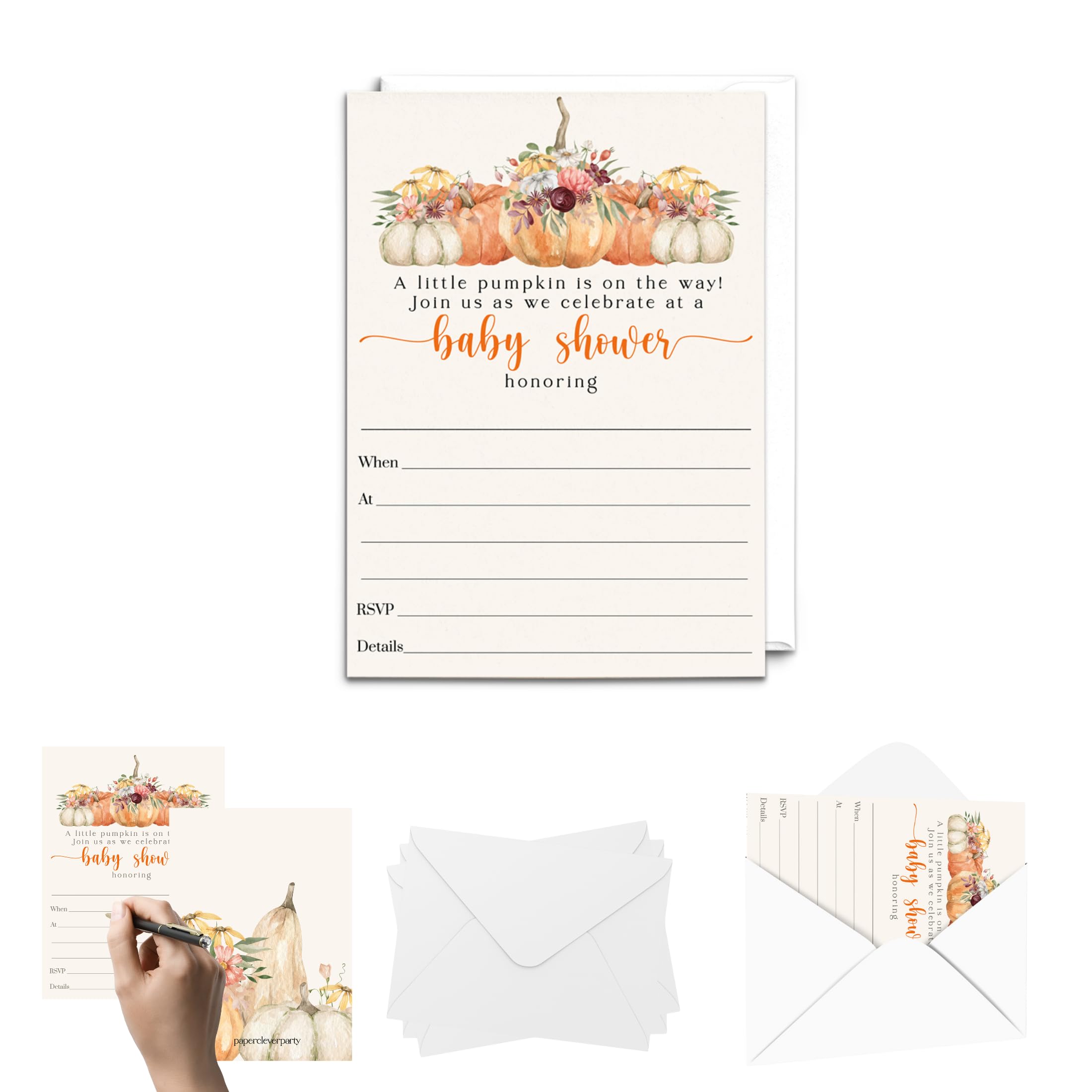 Paper Clever Party Our Little Pumpkin Invitations with Envelopes - 25 Pack - Pumpkin Baby Shower - 5x7 Blank Cards for Personalization