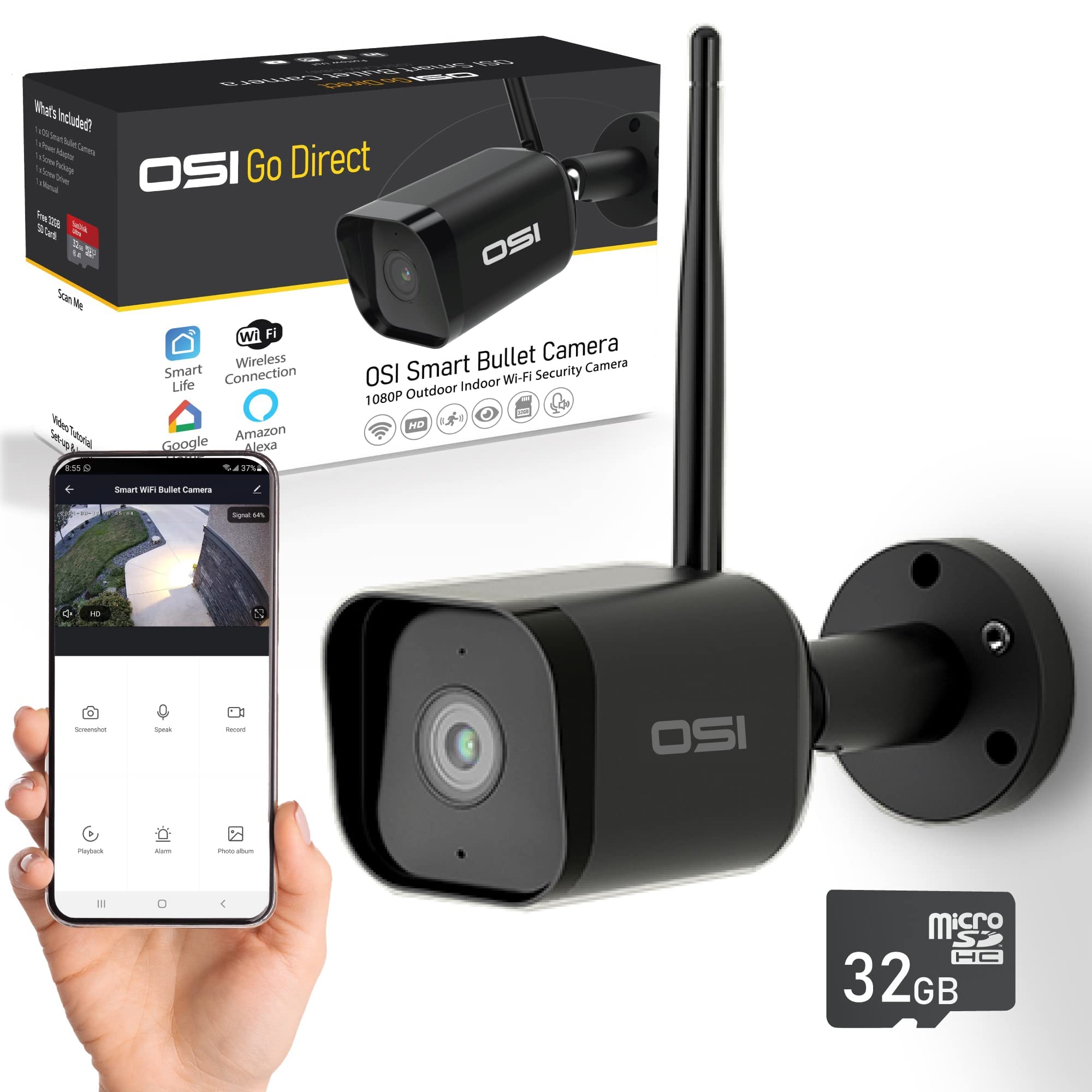OSI Smart Security Bullet Camera Outdoor 1080P HD,WiFi Cameras, Home Security Cameras, AI Human Detection, Two-Way Audio, Night Vision,Compatible with Alexa, Google,32GB SD Card Included/Cloud StoragE