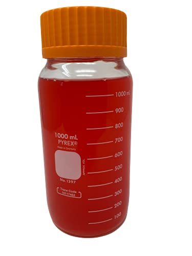 Lab Genome Corning Pyrex 1000mL Wide Mouth GLS80 Glass Media Bottle Borosilicate Glass Cylindrical Round No Leak Pour Ring Orange Screw polypropylene Cap (1), Clear (1397-1LEach)