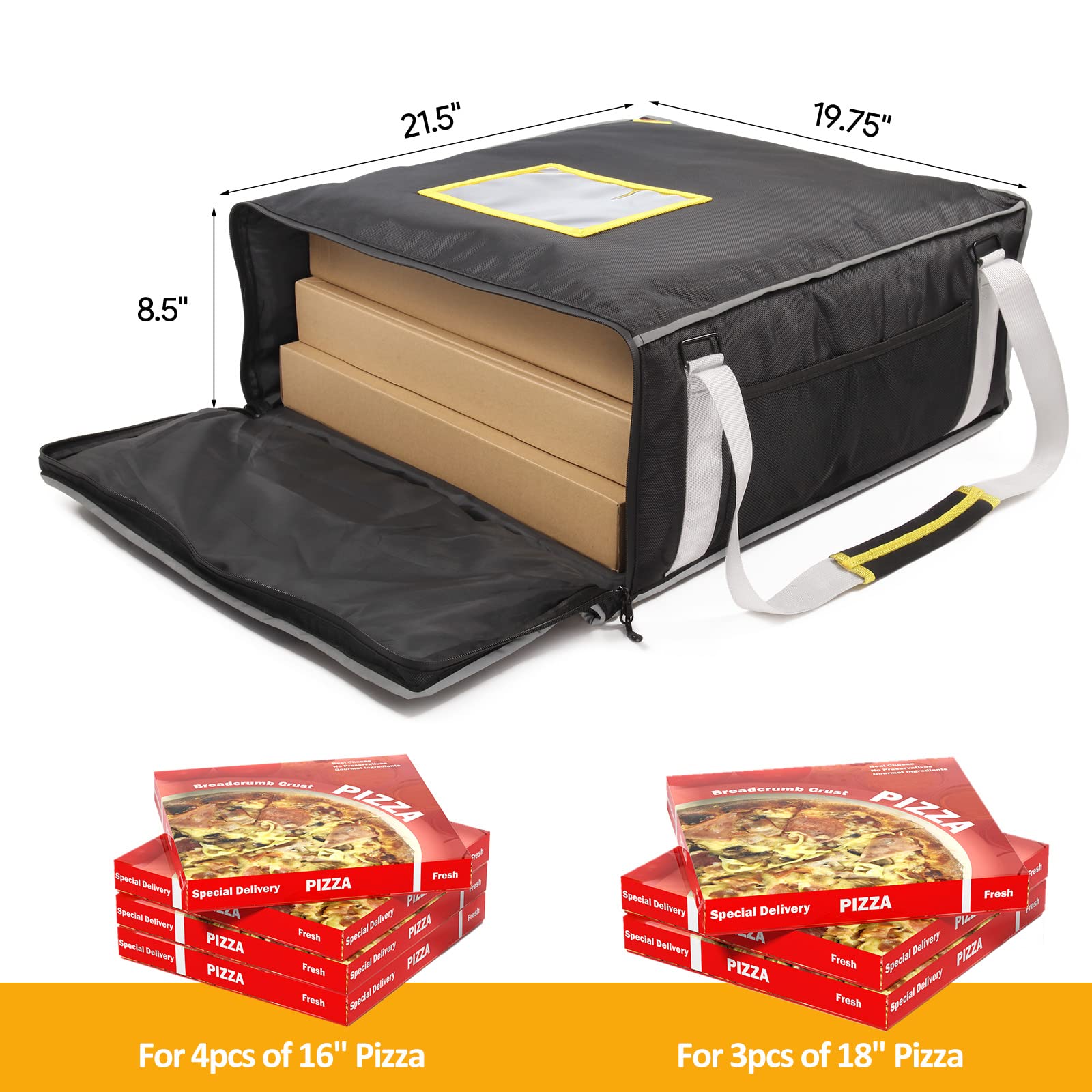 Semmiro Insulated Pizza Delivery & Warmer Bag, Breathable Silk-Floss Padding to Retain Heat & Release Steam, Waterproof Zipper Closure, Fits 3pcs 18" Pizza / 4pcs 16" Pizza, 21.5" x 19.75" x 8.5"