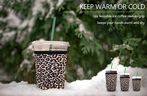 XccMe Iced Coffee Sleeves,Reusable Cold Cup SleeveS,3Pack Neoprene Insulator Cup Cover for Cold Drinks,Beverages Holder,Ideal for Dunkin Donuts, Starbucks Coffee(Leopard)