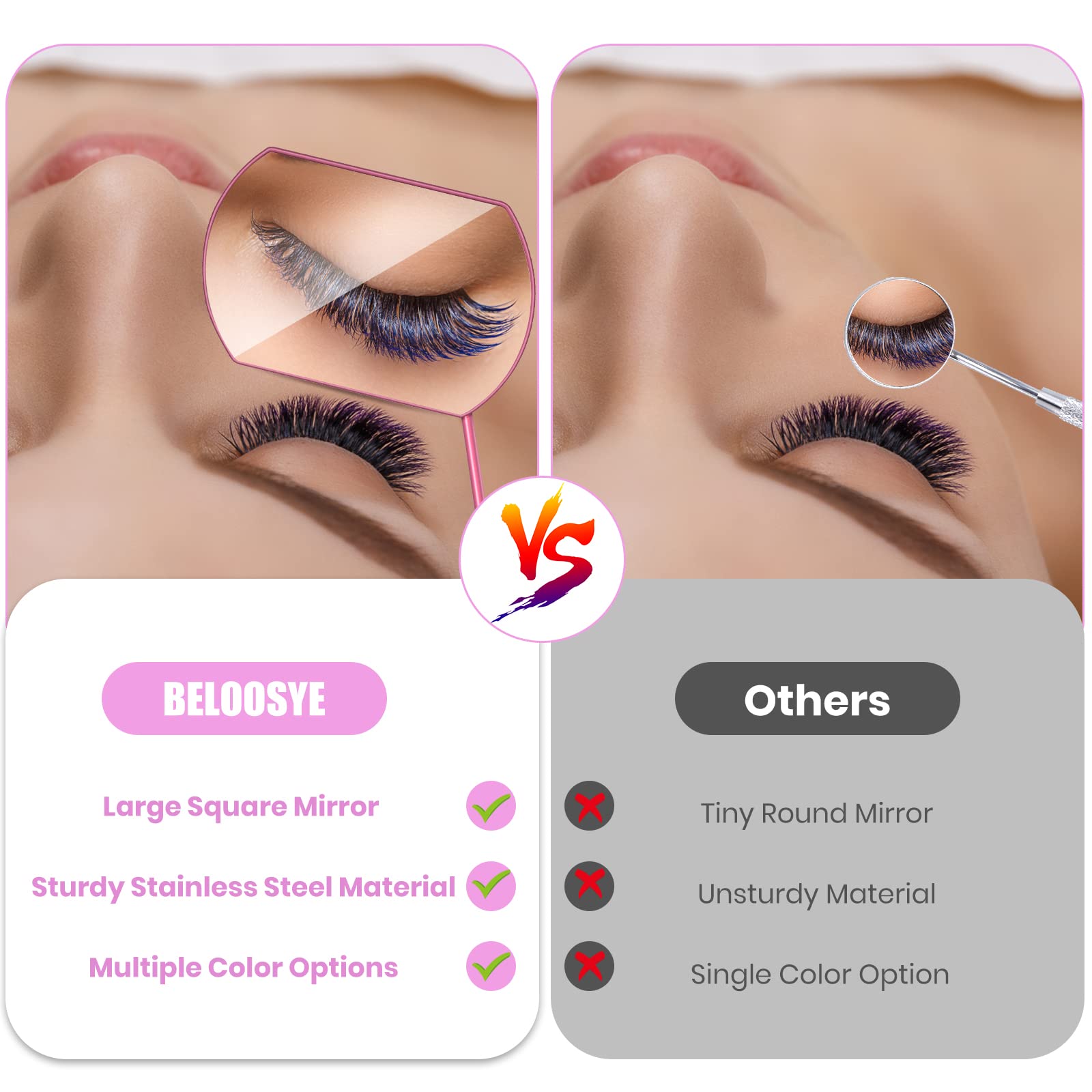 1 PCS Large Lash Mirror for Eyelash Extension Supplies+1 PCS Storage Bag,Stainless Steel Light-weight Detachable Eyelash Mirror for Extensions,Makeup Inspection Mirror for Lash Tech Supplies(Pink)