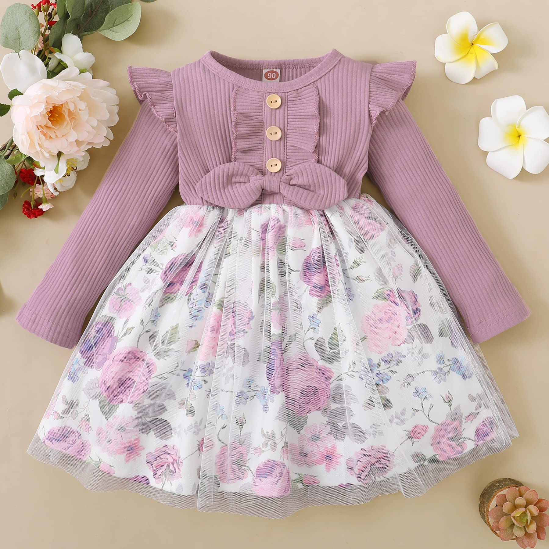 Toddler Girls Outfits Ruffle Long Sleeve Bow Dresses Splicing Floral Princess Tutu Skirts Cute Fall Clothes (Purple, 18-24 Months)
