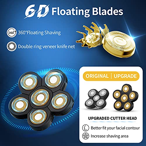 Replacement Head for Electric Shaver Mens Electric Razor Head 6D - Close Head Shavers for Men Replacement Head - Wet & Dry Bald Shavers Blades Waterproof Shavers Replacement Blades Head(Gold)