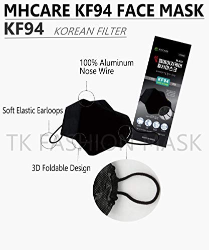 [10 Pack] Black Disposable KF-94 Face Mask, Individual Pack, made in Korea, Disposable, Nose Mouth Covering Dust Face Mask, Adjustable Strap, Unisex Adult, 3D Ergonomic Design