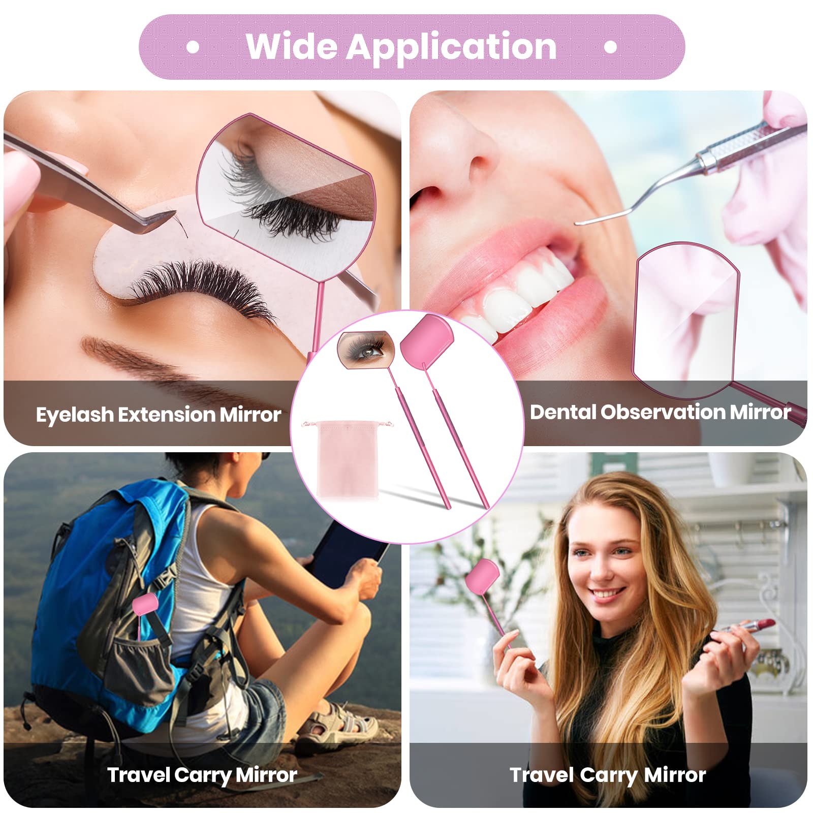 1 PCS Large Lash Mirror for Eyelash Extension Supplies+1 PCS Storage Bag,Stainless Steel Light-weight Detachable Eyelash Mirror for Extensions,Makeup Inspection Mirror for Lash Tech Supplies(Pink)