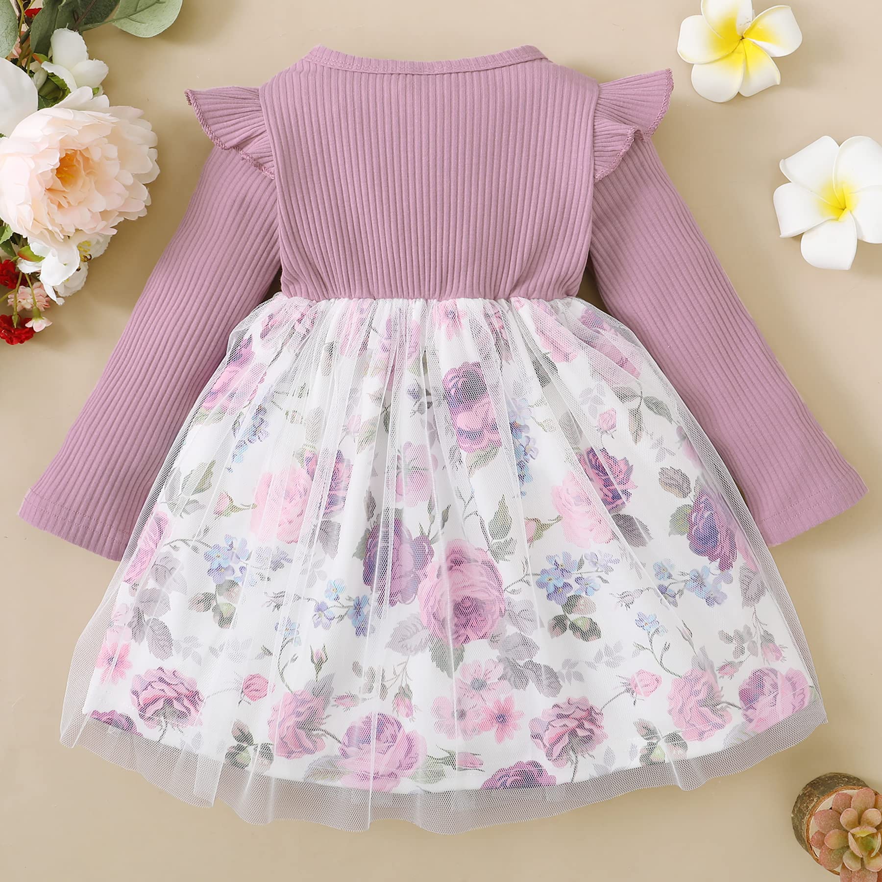 Toddler Girls Outfits Ruffle Long Sleeve Bow Dresses Splicing Floral Princess Tutu Skirts Cute Fall Clothes (Purple, 18-24 Months)