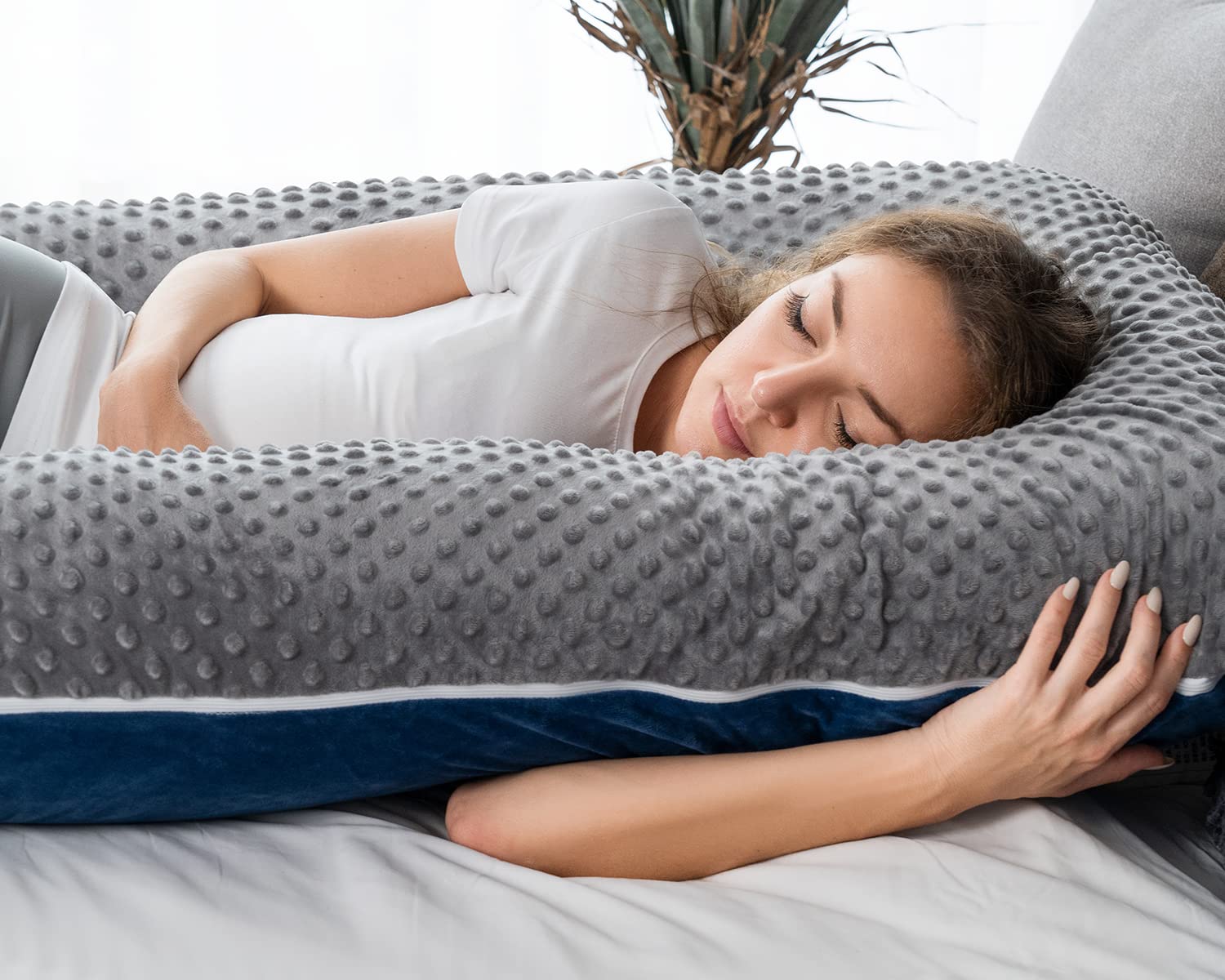 AngQi Peanutshell Pregnancy Pillows, Full Body Pregnancy Pillow with Minky Dot & Velvet Cover, U Shaped Body Pillow for Pregnant Women, Maternity Pillow for Side Sleeping and Back Support, Blue & Grey