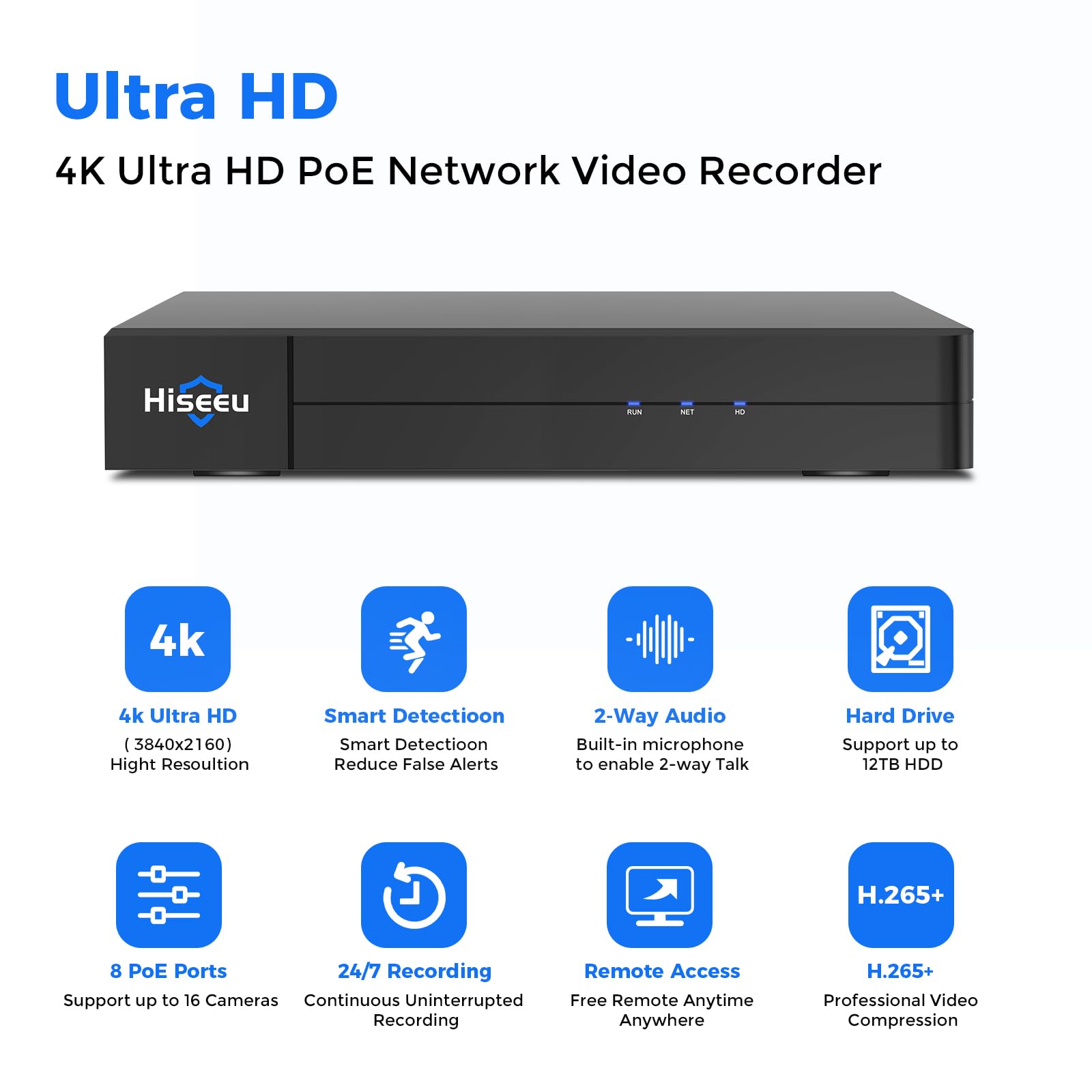 【16 channel Extendable】Hiseeu 8 Port 4K PoE Network Video Recorder NVR, Support 4K/2K/8MP/5MP/3MP/1080P PoE Camera, Free Remote Access, Motion Alarm, 24/7 Recording, Smart Playback, No Hard Disk Drive