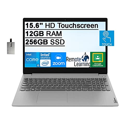 Lenovo 2022 IdeaPad 3 15.6" HD Touchscreen Laptop Computer, 10th Gen Intel Core i5-1035G1, 12GB RAM, 256GB SSD, Intel UHD Graphics, HD Webcam, Bluetooth, Windows 10, Grey, 32GB SnowBell USB Card