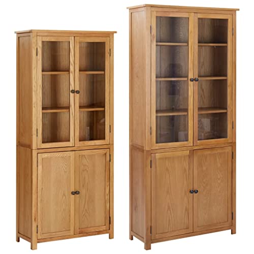vidaXL Solid Wood Oak Bookcase with 4 Doors Shelf Cabinet Display Storage Unit Living Room Studio Office Freestanding Organizer 31.5" Glass