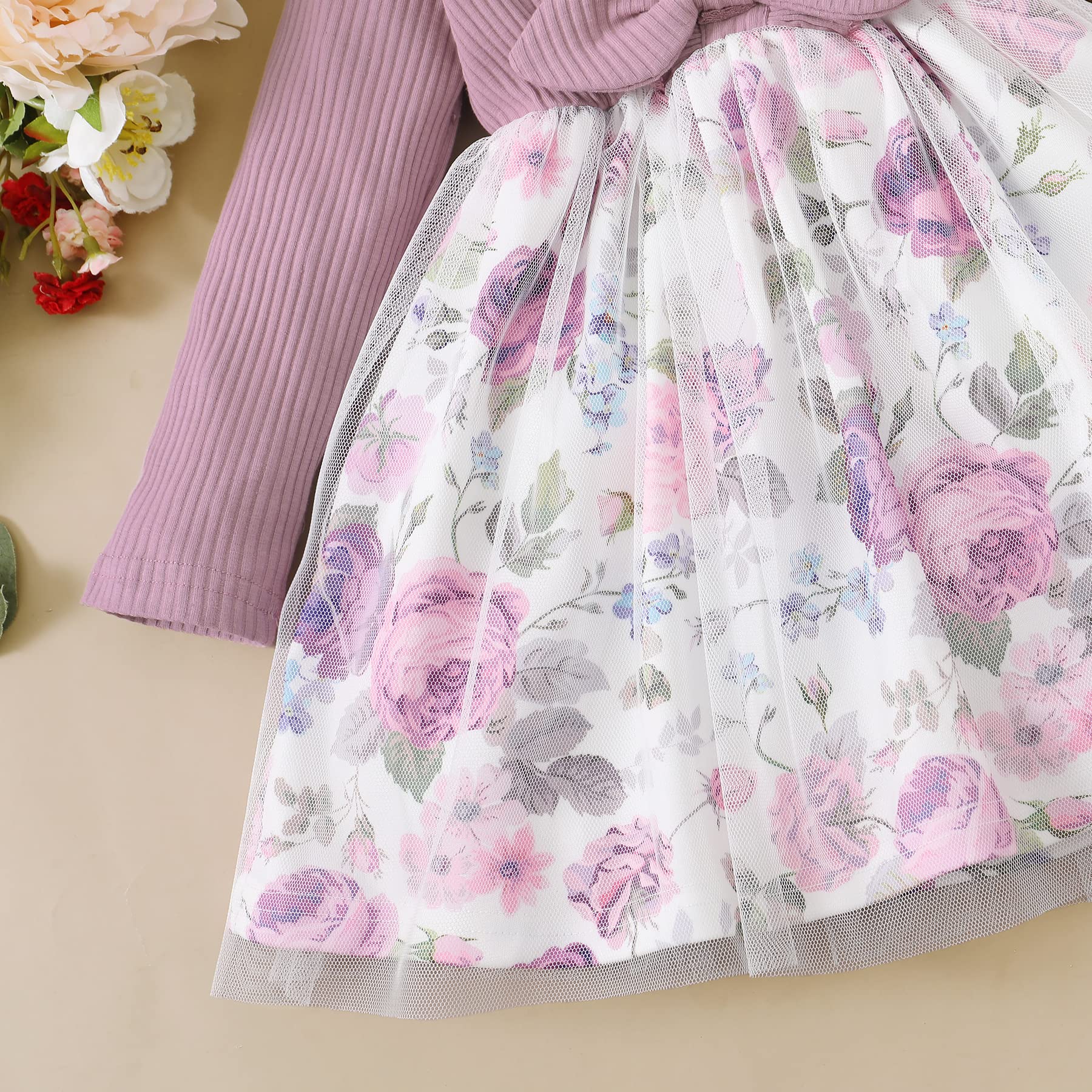 Toddler Girls Outfits Ruffle Long Sleeve Bow Dresses Splicing Floral Princess Tutu Skirts Cute Fall Clothes (Purple, 18-24 Months)
