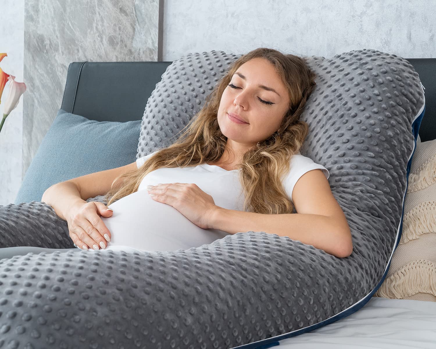 AngQi Peanutshell Pregnancy Pillows, Full Body Pregnancy Pillow with Minky Dot & Velvet Cover, U Shaped Body Pillow for Pregnant Women, Maternity Pillow for Side Sleeping and Back Support, Blue & Grey