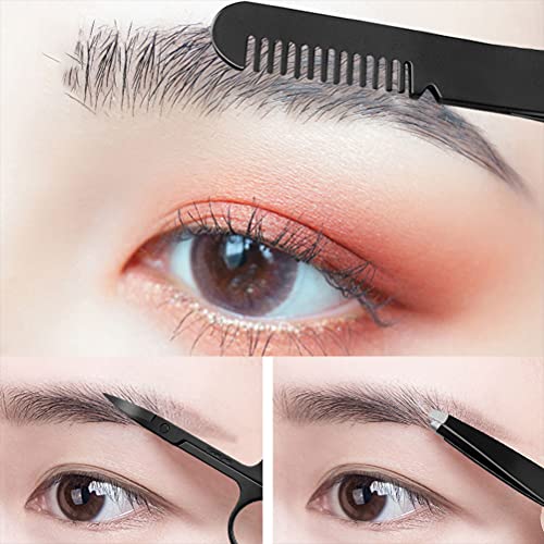 Eyebrow Scissors with Comb Tweezer, Multi-Purpose Stainless Steel Curved Small Eyelash Scissors Tweezer Comb for Women Eyebrow Eyelash Facial Gromming (Black)